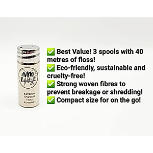 NMLifestyle Refillable, Eco-Friendly, Vegan Bamboo Charcoal Dental Floss (3x40 metres) Cruelty-Free, Natural, Waxed Peppermint Floss