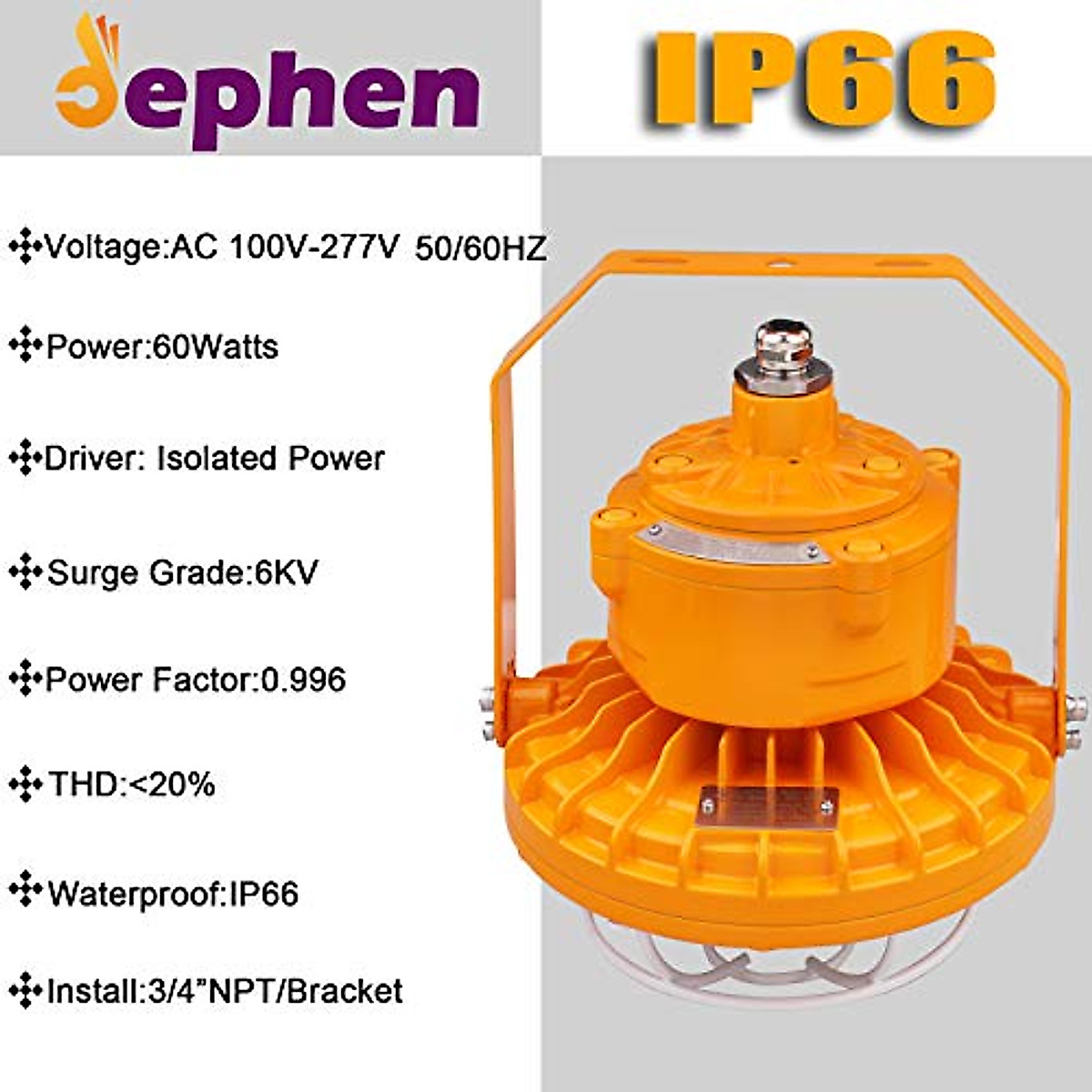 60W LED Explosion Proof Light, UL 844 Certified Class I Division II High Bay Warehouse Lighting, 8400 Lumens 240W Equivalent, 5700K Daylight, IP66 Waterproof, 3/4" NPT/Bracket Installation