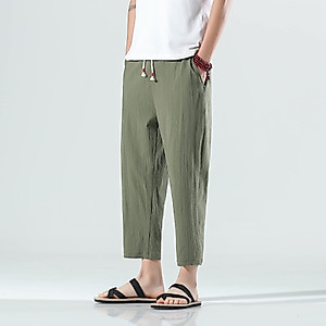 PRIJOUHE Mens Harem Pants Casual Lightweight Loose Fit Capri Pants Linen Beach Pants with Elastic Waistband