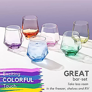 ColoVie Stemless Wine Glasses Set of 6, Colored Wine Glass, Old Fashioned, Diamond Shaped, Unique Colorful Tumblers. 10oz. White Red Wine, Whiskey Glasses, Cocktail, Gifts for Men, Birthday, Party