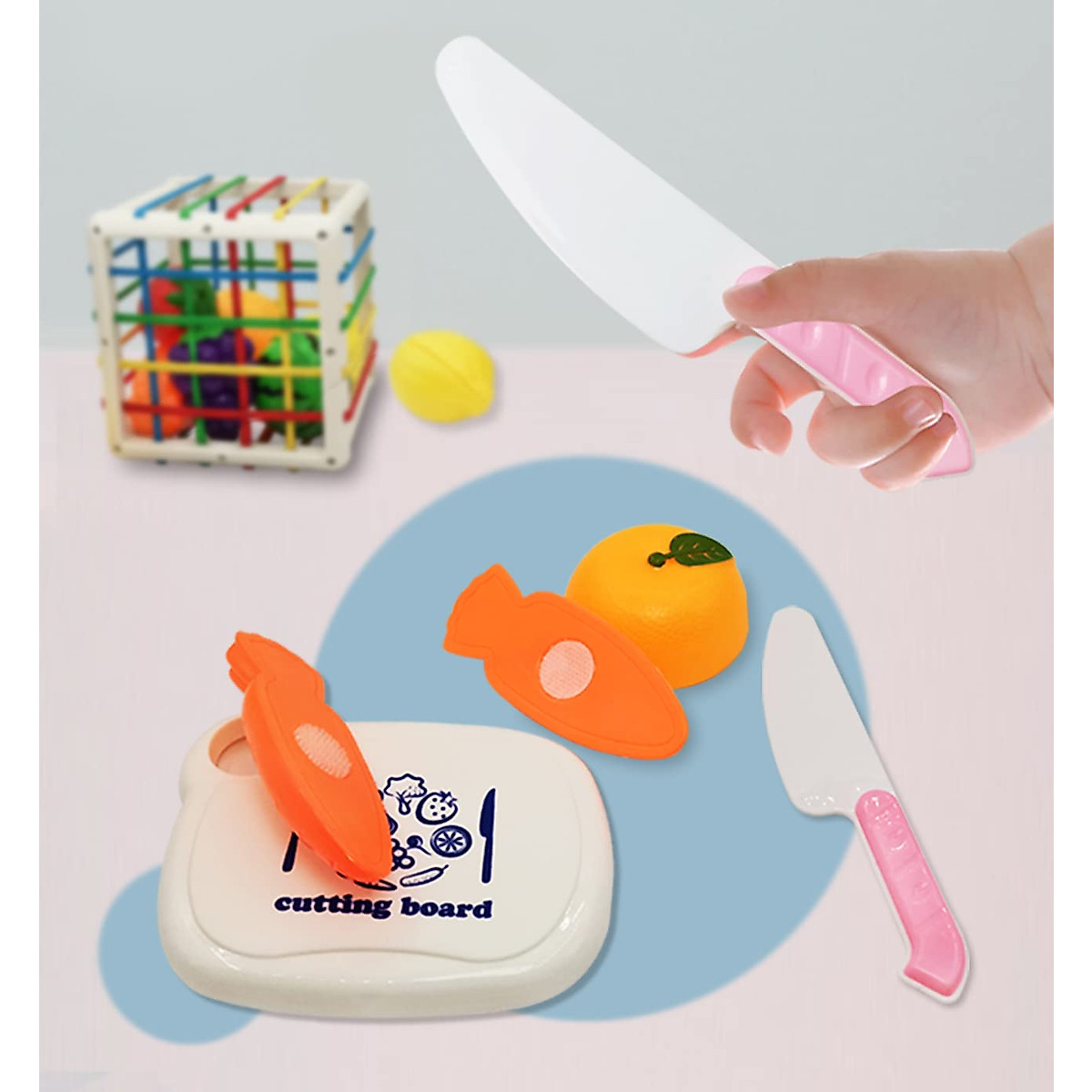 TwKueor Baby Shape Sorting Cube with Kitchen Cutting Fruit Toys, Sensory Bin with Colorful Elastic Rope for Toddlers, Babies and Kids Early Educational Montessori Learning Developmental STEM Toys