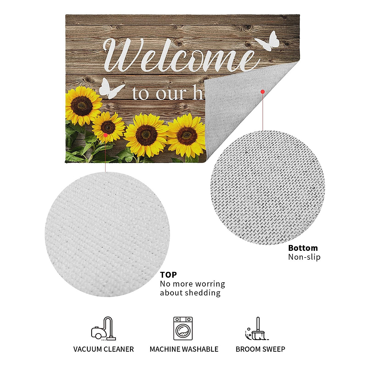 Front Door Mat Indoor Outdoor Entrance, Welcome Sunflower on a Wooden Board Non-Slip Doormat Fade Resistant, Low Profile, Easy Clean Patio Porch Entryway Mat 36x24 inches