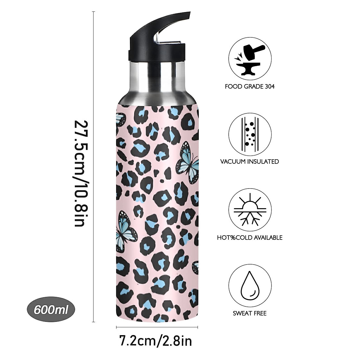 senya Water Bottle 0014 Stainless Steel with Straw Lid Kids Thermos Bottle Water Flask Butterfly Leopard Cheetah Print for Sport Office Gym Outdoor School 20 oz