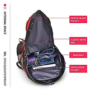 Bseash 50L Water Resistant Hiking Backpack, Lightweight Outdoor Sport Daypack Travel Bag for Camping Climbing Touring (Red - No Shoe Compartment)