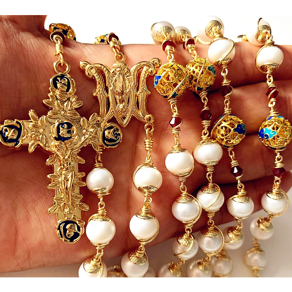 elegantmedical HANDMADE Gold Wire Wrapped Bead AAA White 9mm Real Pearl & Enamel Bead Rosary Cross NECKLACE BOX