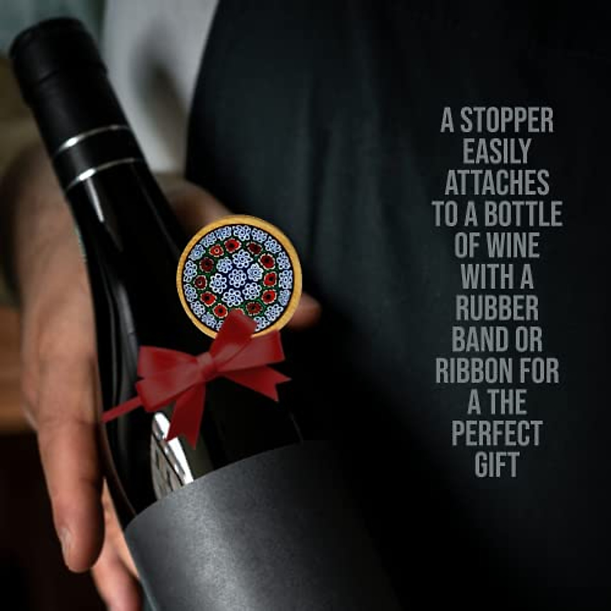 Wine Bottle Stopper – Unique gift for Dinner Host, Wine Lover, or Housewarming – a versatile wine accessory, use for Wine or Champagne – Handmade of Murano Glass and Portuguese Cork keeps wine fresher