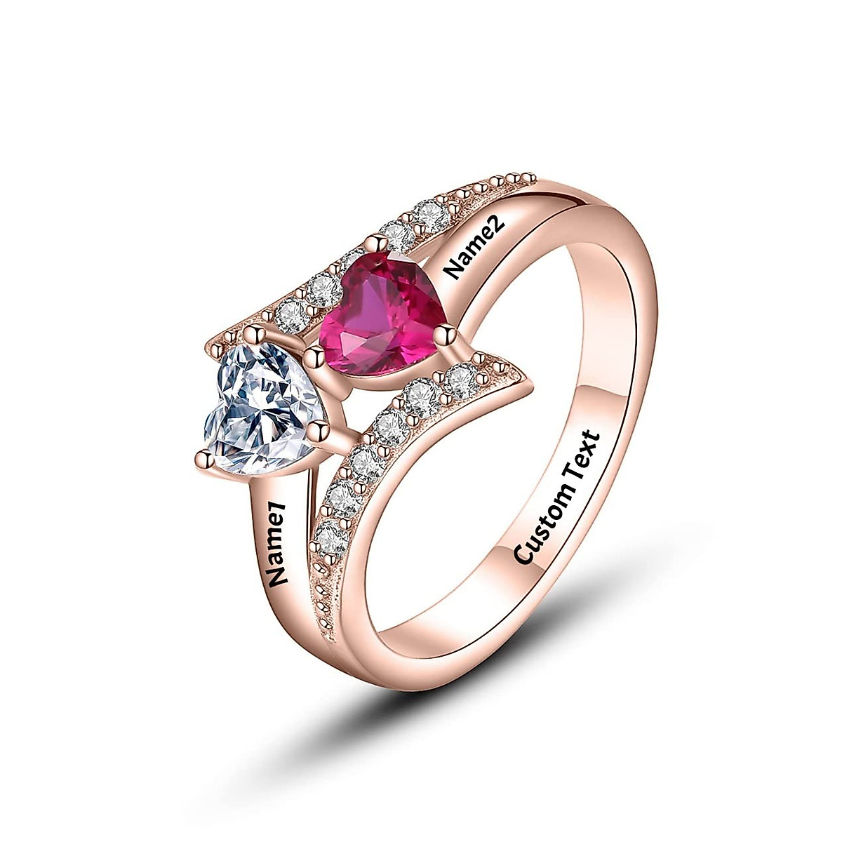 Promise Rings Sterling Silver Couples Engagement Name Ring Personalized Double Heart Ring for Women Mothers Ring with Birthstones Jewelry for Women Birthday Gifts (1)