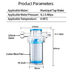 1/2" High Flow Pipeline Water Filter Activated Carbon Filter Element Pre-Filter T Strainer Plastic Raw Water Strainer for Washing Machine Shower