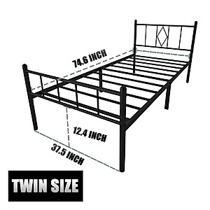 Emiosmt 14 Inch Bed Frame Twin Size with Headboard and Footboard, Heavy Duty Metal Platform Twin Bed Frame, Under bed Storage Space, Steel Slat Support, No Box Spring Needed, Easy Assembly, Black