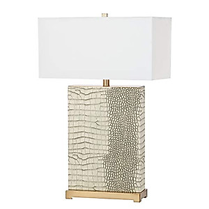 SAFAVIEH Lighting Collection Joyce Modern Art Deco Cream Faux Snakeskin Rectangle Shade 28-inch Bedroom Living Room Home Office Desk Nightstand Table Lamp Set of 2 (LED Bulbs Included)