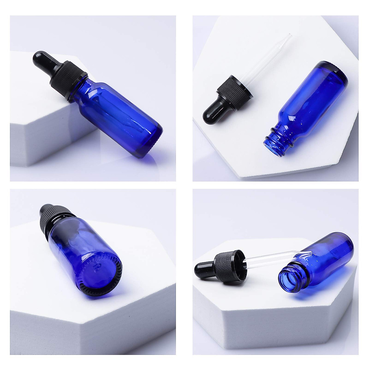 HWASHIN 24 Pack 1/2 oz Cobalt Blue Glass Bottles with Glass Eye Droppers for Essential Oils, Perfumes & Lab Chemicals (Brush, Funnels, 2 Extra Droppers, 36 Pcs Labels & Measuring Cup Included)