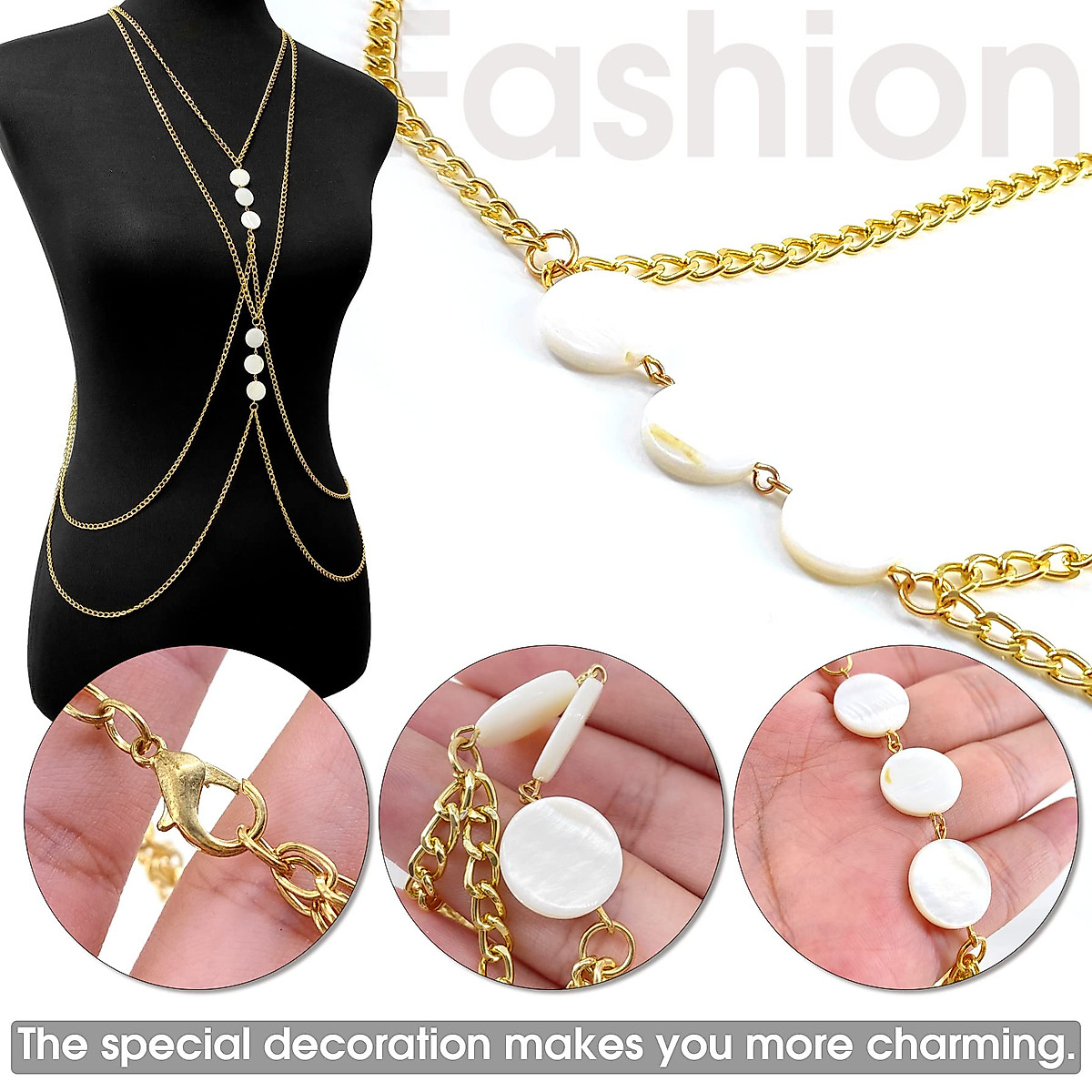 Yomiie Body Chain Layered Sexy Gold Tassels Necklace Fashion White Disc Jewelry Belly Waist Bra Hot Bikini Beach Harness Birthday Anniversary Festival Gift for Women Lady Girls