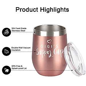 GINGPROUS Grandma Gift-Gigi's Sippy Cup Wine Tumbler with Lid and Straw, Gifts for Grandma Gigi Grandmother Mother's Day Birthday Christmas, Insulated Stainless Steel Wine Tumbler (12Oz, Rose Gold)