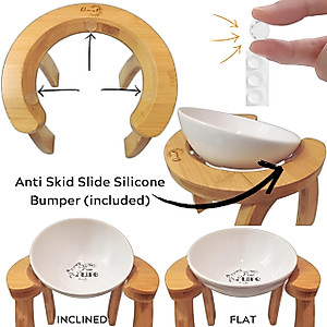 RÊNASCI® Ceramic Elevated Cat Bowl, Raised Bamboo Wood, Sturdy Pet Food Adjustable Tilted Angle (Meow Rainbow)