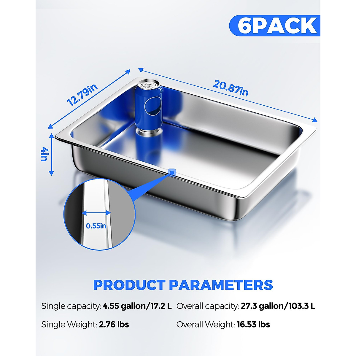 WantJoin Full Size Steam Table Pans, 6-Pack 4 Inch Deep Restaurant Steam Table Pans Commercial, Hotel Pan Made of 201 Gauge Stainless Steel
