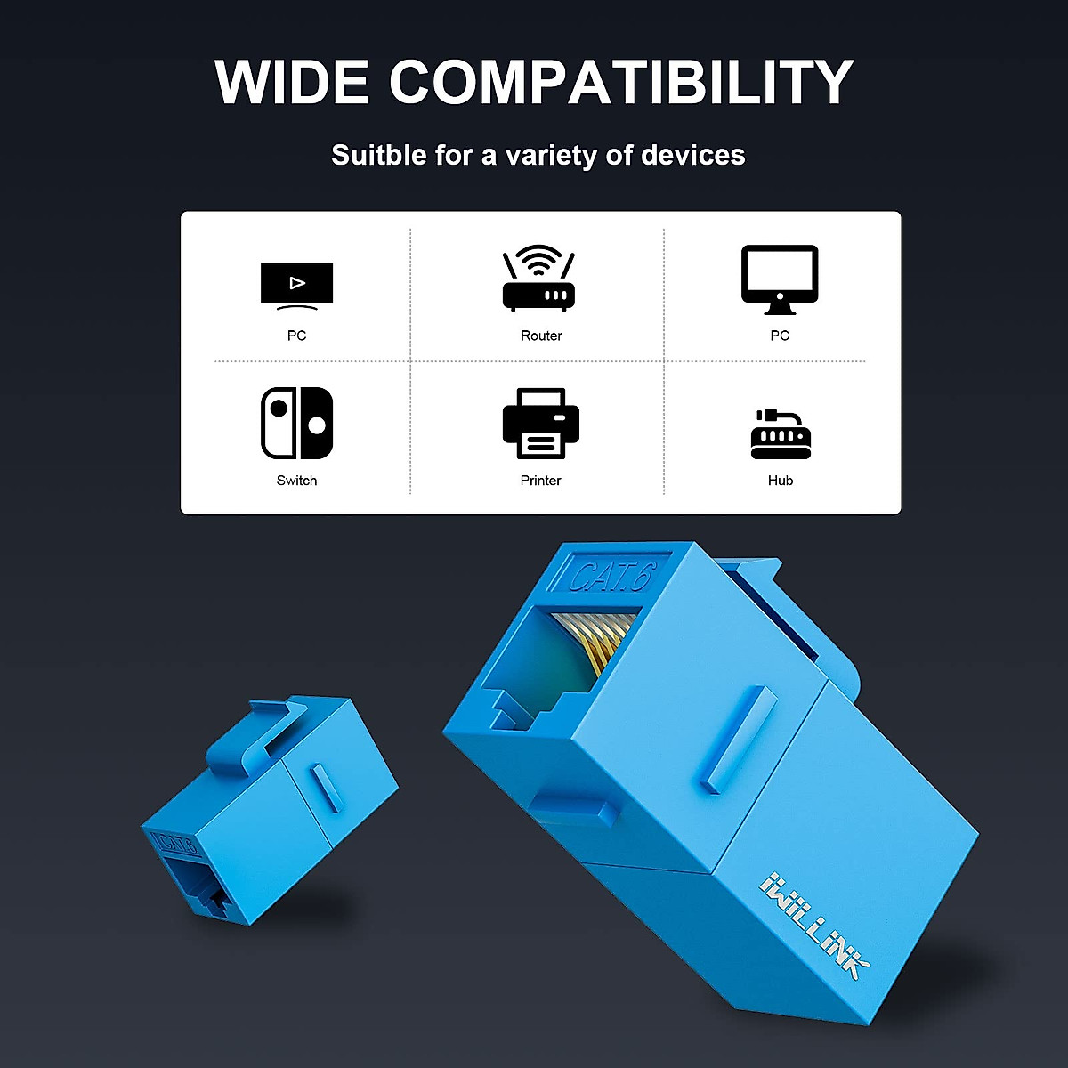 iwillink RJ45 Cat6 Keystone Coupler 5-Pack, Female to Female Cat6 Keystone Jack, UTP Keystone Coupler Insert, Blue