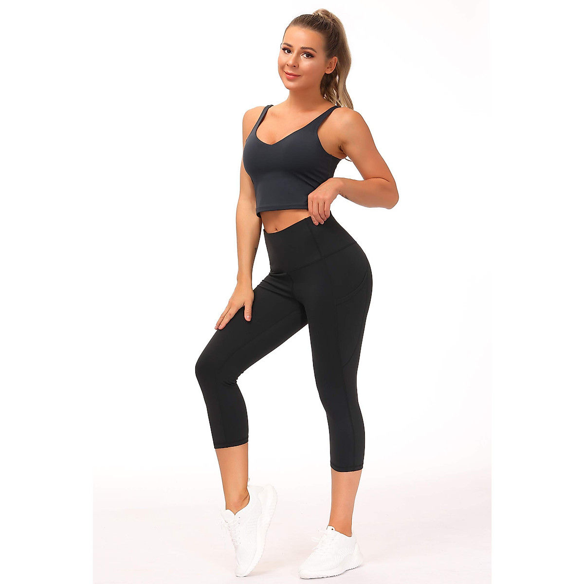 THE GYM PEOPLE Thick High Waist Capris Yoga Pants with Pockets, Tummy Control Workout Running Yoga Leggings for Women Black