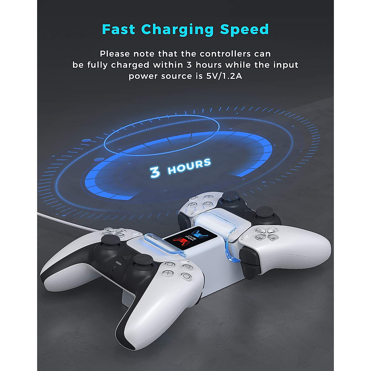 Vivefox Upgraded PS5 Controller Charger, Dual Charging Dock Station for Playstation 5 PS5 Controller with 5V/1.2A Fast Charging Cable, Playstation 5 Charging Station with LED Indicator