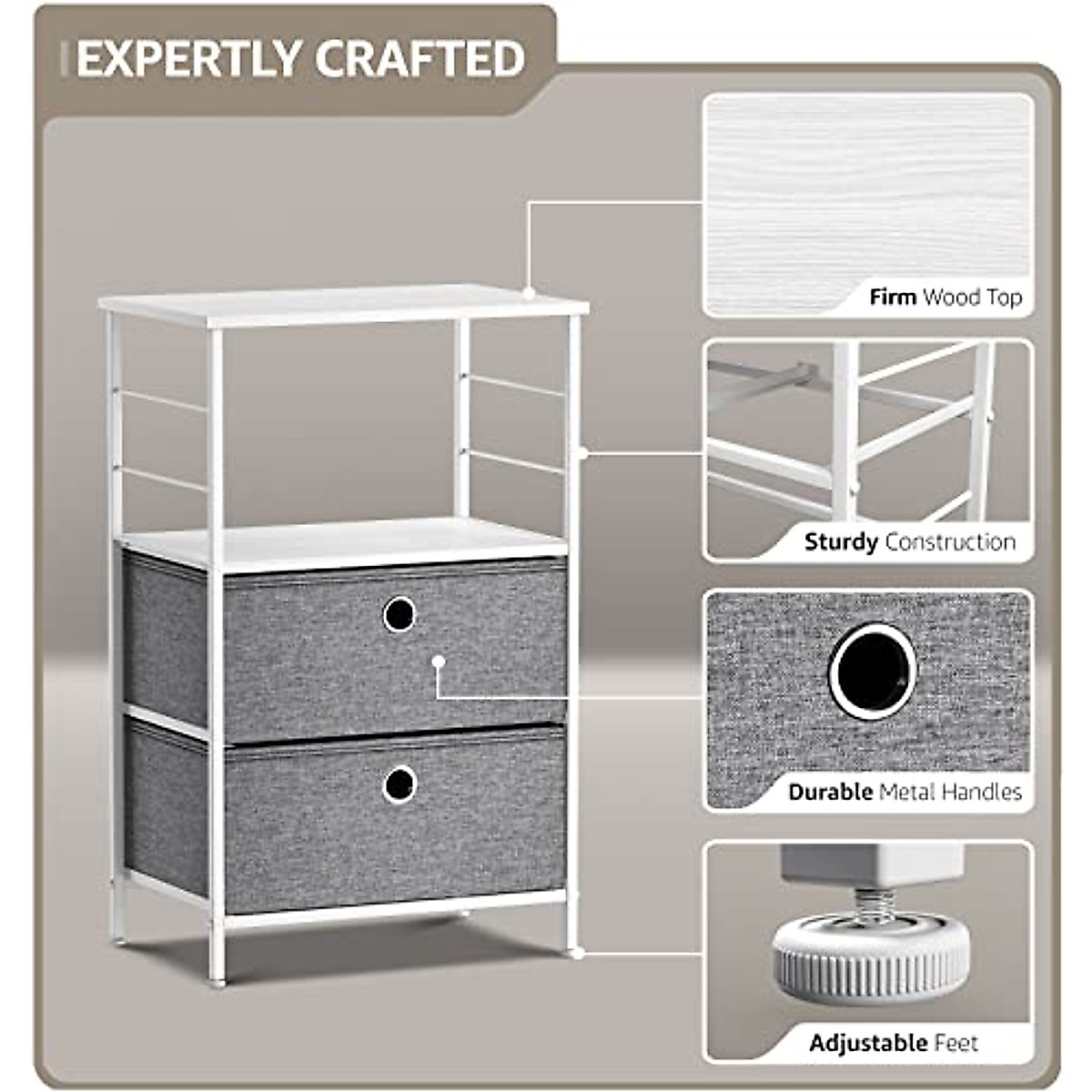 Sorbus Nightstand 2-Drawer Shelf Storage - Bedside Furniture & End Table Chest Dresser with Steel Frame, Wood Top & Easy Pull Fabric Bins for Home, Bedroom, Closets, Bathroom, Office & College Dorm