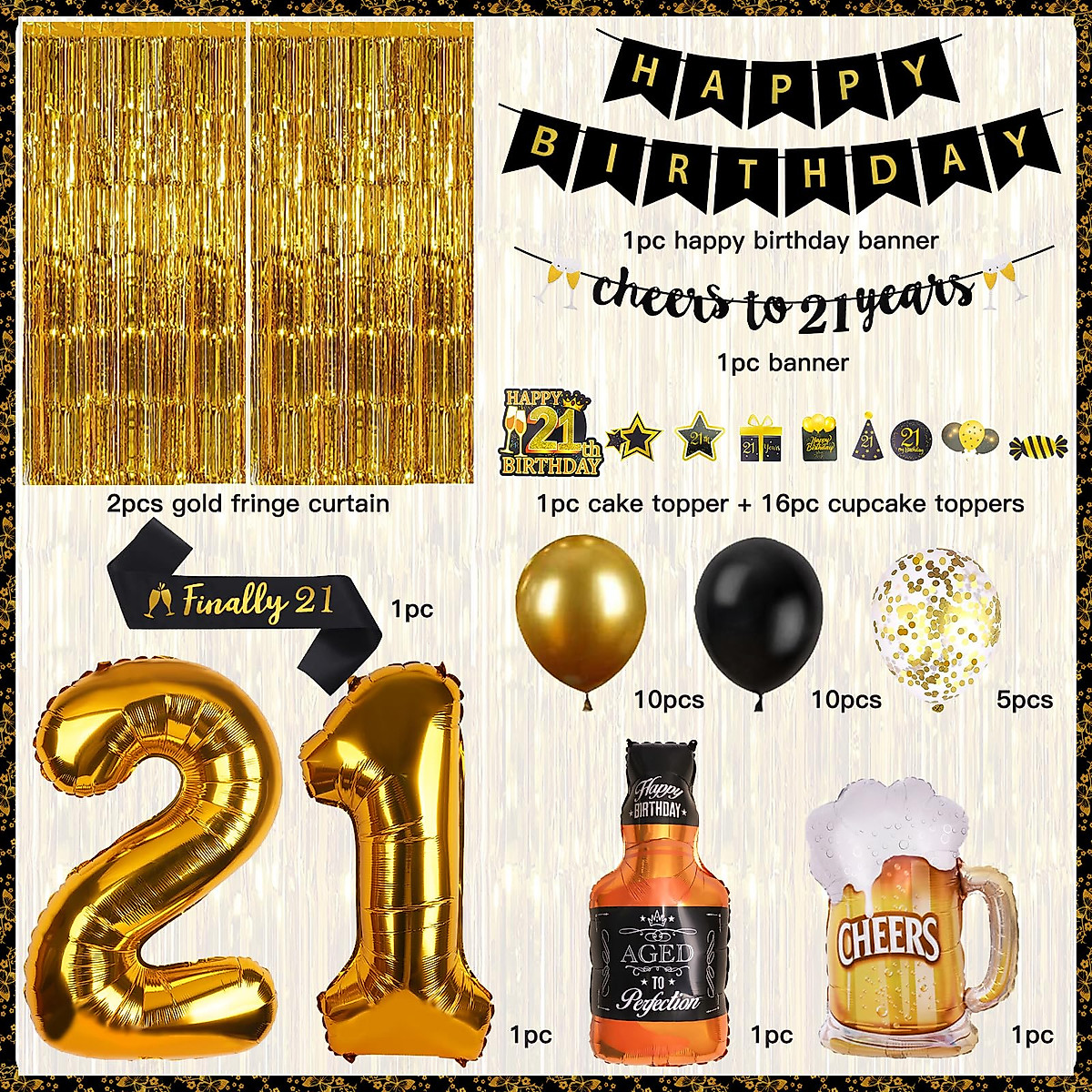 21st Birthday Decorations for Him, Happy Birthday Decorations Black and Gold 21 Birthday Decorations with Happy Birthday Banner, Fringe Curtain, Confetti and Latex Balloons