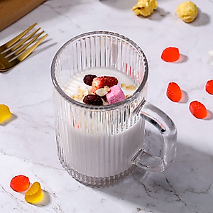 2 Pieces Clear Glass Coffee Mugs with Glass Lids Vintage Vertical Stripes Tea Mug Classic Ribbed Glasses with Handles Clear Coffee Cups for Espresso Latte Anniversary Xmas 14 oz (Clear)