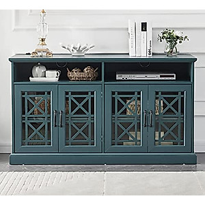 WTRAVEL Buffet Sideboard Kitchen Buffet Storage Cabinet, 4 Doors Storage Cabinet with Adjustable Shelves, Wood Console Table for Kitchen, Dining, Living Room, Dark Teal