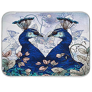 Painting Lovely Heart Peacock Dish Drying Mat 24"x18" Absorbent Machine Washable Hanging Fast Dry Pad Dish Protective Mat for Kitchen Countertop Heat Resistant Dinner Table Mat