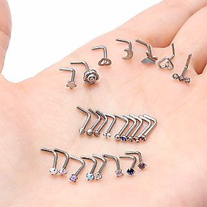 Yaalozei 18G Nose Rings Studs for Women Silver Nose Piercing Studs Surgical Stainless Steel L Shaped Opal Hypoallergenic Cute Small Nose Nostril Ring Stud Body Piercing Jewelry for Men CZ 2MM
