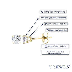 Vir Jewels 1/4 cttw Diamond Stud Earrings 14K Yellow Gold Push Backs Round 4 Prong Basket