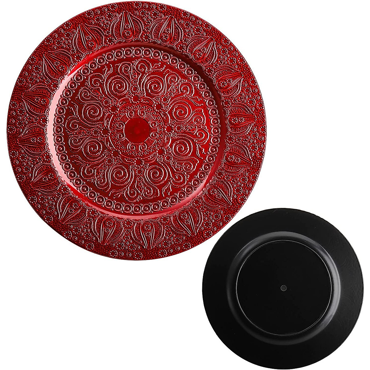 Hacaroa Set of 12 Plastic Round Charger Plates, 13 Inch Red Chargers for Dinner Plates, Antique Wedding Chargers for Table Setting, Holiday, Catering Event, Embossed Patterns