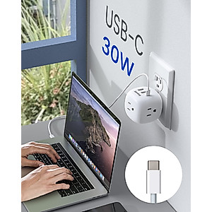 SUPERDANNY GaN 30W Multi-Plug Outlet Extender, 20W USB C Charger Port, 3 Adapter Spaced Outlets & 3 USBs, Side Access, Grounded, Perfect for Travel, Home, Office, Dorm, Cruise Ship