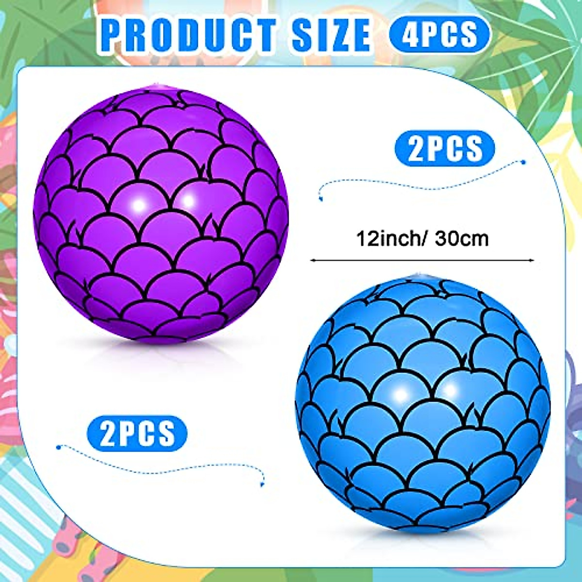 Treela 4 Pcs 12 Inch Mermaid Scales Beach Balls Bulk Inflatable Mermaid Ball Party Favors Summer Water Toy Gifts for Outdoor Beach Pool Party Sea Themed Mermaid Birthday Supplies Decorations