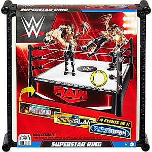 Mattel WWE Superstar Ring, 14 inches with Spring-Loaded Mat, 4 Event Apron Stickers & Pro-Tension Ropes for WWE 6-inch Action Figures