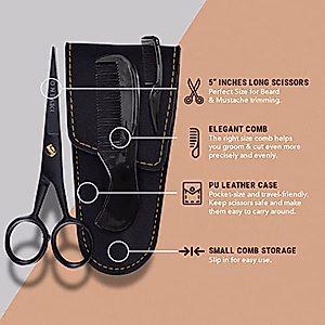 ONTAKI 5" Professional German Beard & Mustache Scissors With 2 Comb & Carrying Pouch for Men Hand Forged Bevel Edge For Precision - Perfect Men’s Facial Hair Grooming Kit All Body Facial Hair (Black)