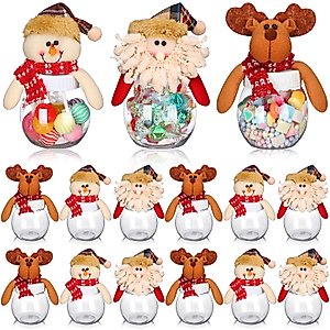 Reallnaive 12 Pcs Christmas Candy Jars 5.91 x 3.15 Inch Plastic Clear Candy Jars with Doll Snowman Santa Elk Lid Christmas Cookie Jar Food Storage Container Candy Box for Holiday Xmas Party Gifts