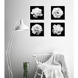 Flowers Wall Art Bathroom Wall Decor Abstract Botanical Picture Contemporary Wall Art Prints Bedroom Living Room Kitchen Office Home Decor Modern Black Flower Canvas Artwork 12" x 12" x 4 Pieces