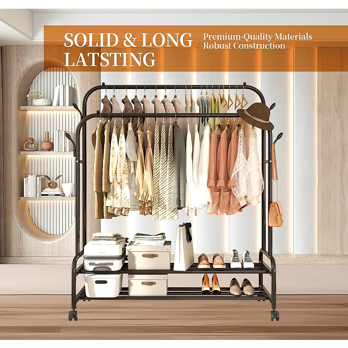 Antiwar Sturdy Metal Double Rodding Clothes Rack With Wheels, Portable Clothing Rack With Shelves & Hooks, Heavy Duty Garment Racks for Hanging Clothes, Multi-Functional Closet Rack for Bedroom, Black