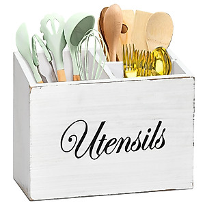 Y&ME YM Utensil Holder for Kitchen Counter, Wood Utensil Organizer Utensil Caddy and Silverware Organizer with Removable Board for Kitchen Decor, Rustic White Kitchen Accessories