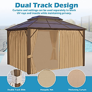 GAZEBEST Hardtop Gazebo Outdoor Polycarbonate Double Roof Patio Gazebo Aluminum Frame Gazebo Canopy with Netting and Curtains,for Garden Patio,Patio Backyard,Deck and Lawns (Brown, 10x13FT)