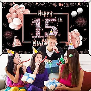 15th Birthday Decorations Banner Backdrop for Girls, Rose Gold Happy 15 Birthday Background Sign Party Supplies, Sweet 15 Year Old Birthday Poster Decor