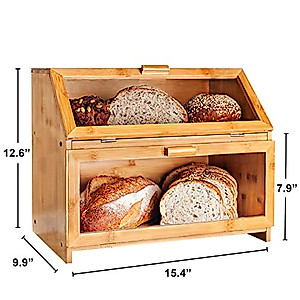 Laura's Green Kitchen Bamboo Bread Box for Kitchen Counter - Double Layer Bread Storage with Clear Windows - Rustic Farmhouse Style Bread Bin (Self-Assembly)