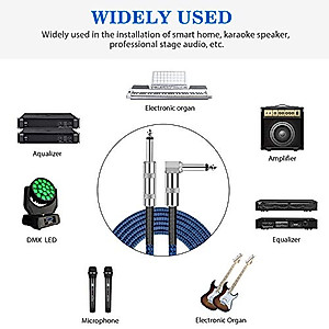 JOLGOO 1/4 Inch Cable Guitar Cable 10 Ft Straight to Right Angle 1/4 Inch 6.35mm Plug Bass Keyboard Instrument Cable Blue and Black Tweed Cloth Jacket, electric mandolin, pro audio