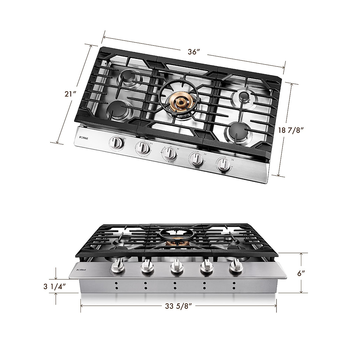 FOTILE GLS36502 36” Stainless Steel 5-Burner Gas Cooktop, Tri-Ring 22,000 BTUs Center Burner with Flame Failure Protection Removable Grates and Installation/LP Kit
