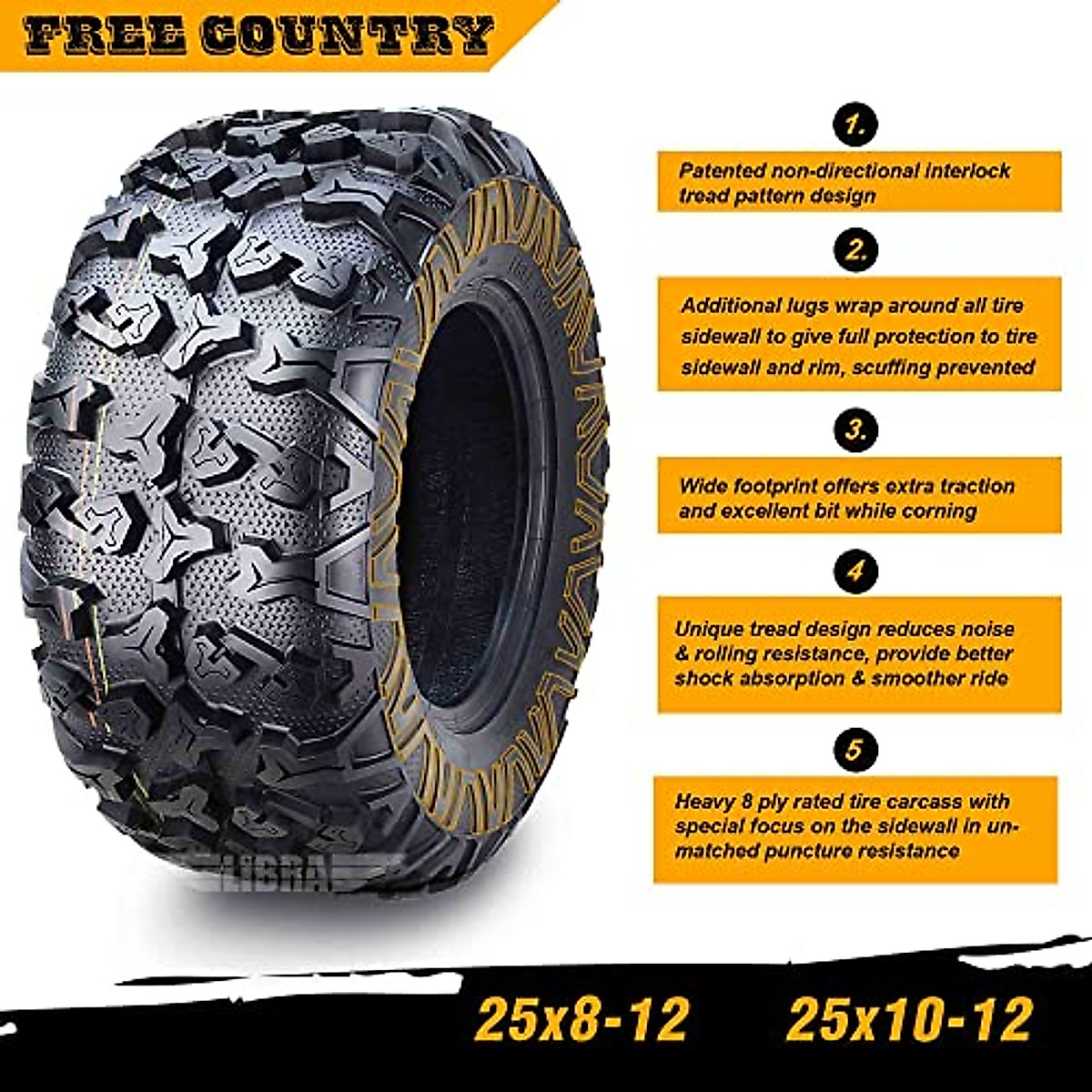 Set 4 Premium FREE COUNTRY ATV/UTV Tires 25x8-12 Front & 25x10-12 Rear / 8PR w/Side Scuff Guard …