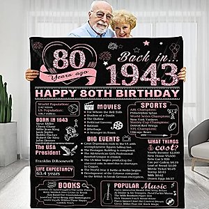KERAOO 80 Years Ago 80th Birthday Wedding Anniversary Throw Blanket, Perfect 1943 Birthday Gifts Ideas for Wife Husband Mom Dad Friends,Rose Gold Back in 1943 80th Birthday Gifts