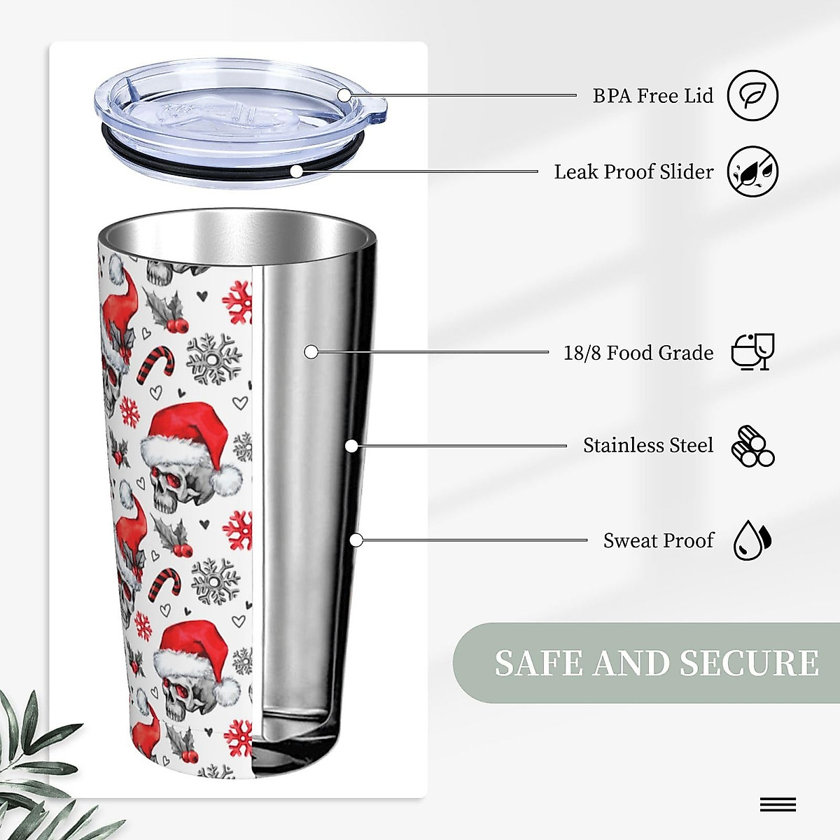 DreamStar Merry Christmas Skull 20oz Insulated Tumbler With Flip Lid And Straw Stainless Steel Cup Travel Tumbler Coffee Mug