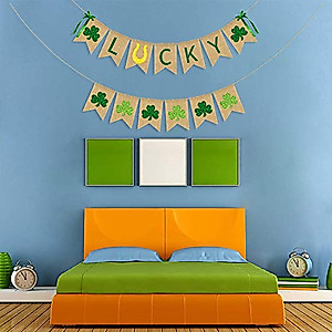 CAVLA Lucky Burlap Banner and Glitter Shamrock Banner St. Patrick's Day Green Shamrock Lucky Banner Garland with Bows Saint Patrick's Day Party Decorations for Irish Lucky Day St. Patty's Day Decor