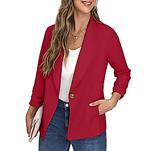 ONLYSTORY Womens Blazer Jackets for Women 3/4 Ruched Sleeve Work Casual Lightweight Blazer with Pockets Red-18