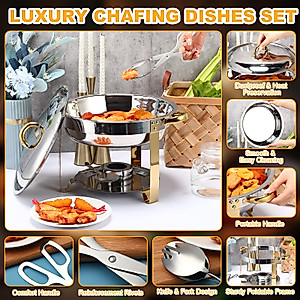 6 Pcs Chafing Dish Buffet Set with 6 Tongs, Stainless Steel Food Warmer Set, 3.7 Qt Round Buffet Server Catering Chafer Warmer with Lid for Birthday Wedding Parties, Catering, Banquets, Events