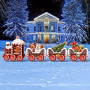 4 Pieces Christmas Decorations Outdoor Yard Train Lawn Sign Gingerbread Santa Snowman Heart Yard Sign with 8 Yard Stakes for Outdoor Christmas Decorations (Warm Style)